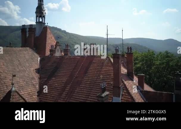 Shooting from a birds-eye view. Aerial view of castle Schonborn is one ...