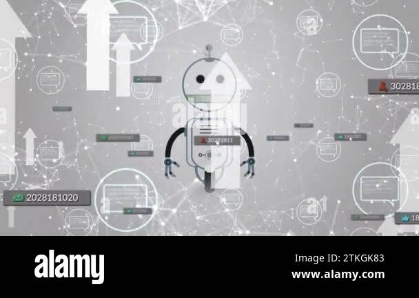 Animation of ai chatbot icon and data processing. Global artificial intelligence, connections ...