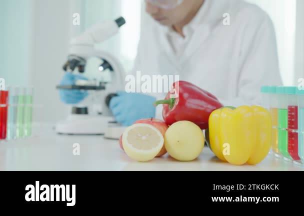 Scientist check chemical food residues in laboratory. Control experts ...