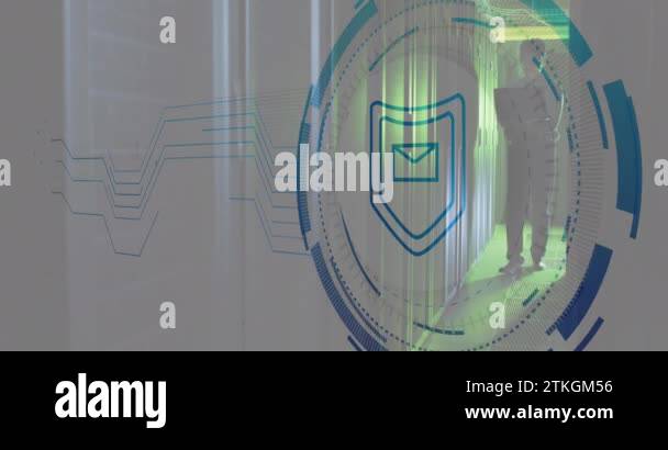 Animation of shield, envelope, circles, asian male engineer walking and using laptop in server ...