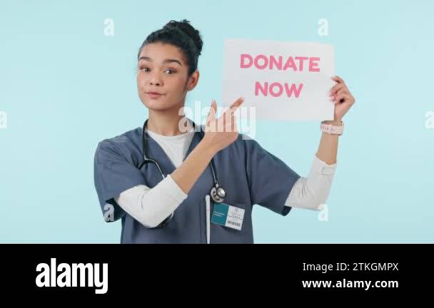 Donate, advertising and woman face of nurse with poster for blood ...
