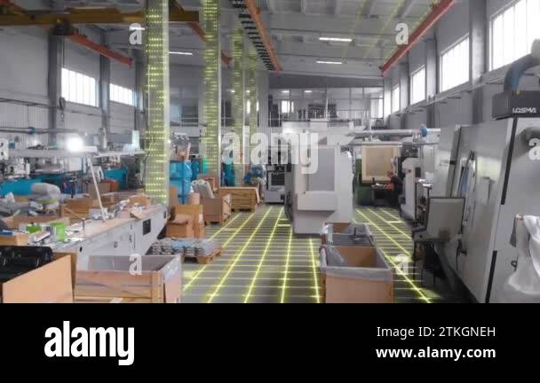 Workshop of a modern factory. Flight through the workshop of a modern ...