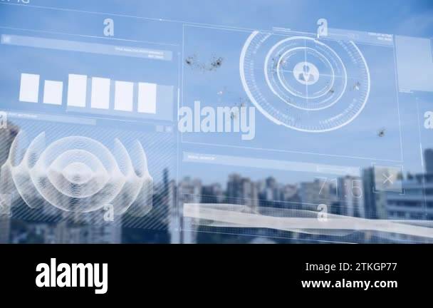 Animation of graph, soundwave, profile icons, map, numbers over ...