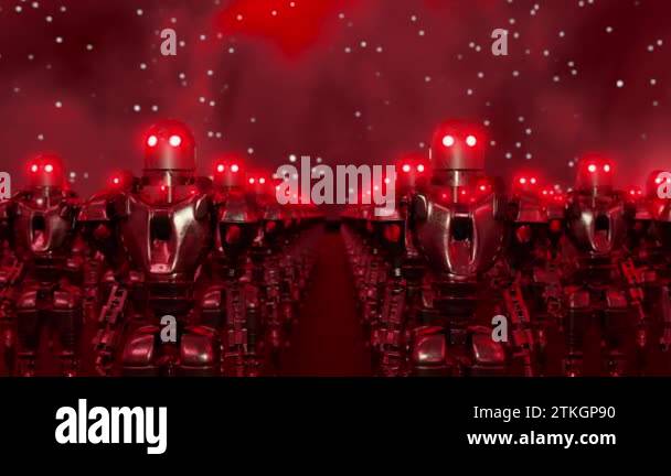 3d animation loop of futuristic army of robots with glowing neon ed eyes standing under dark ...