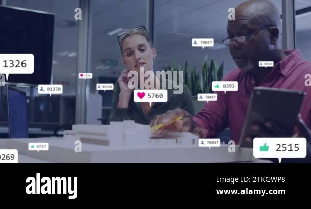 Animation of notification bars over diverse architects sharing ideas ...