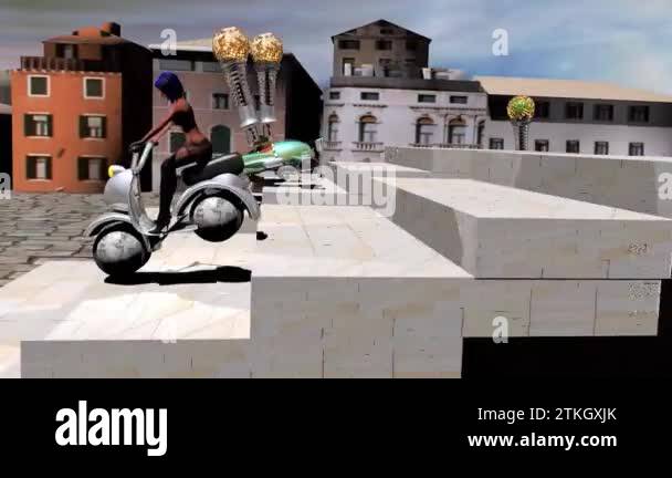 Female character is driving some funny motor scooter (vespa) in some ...