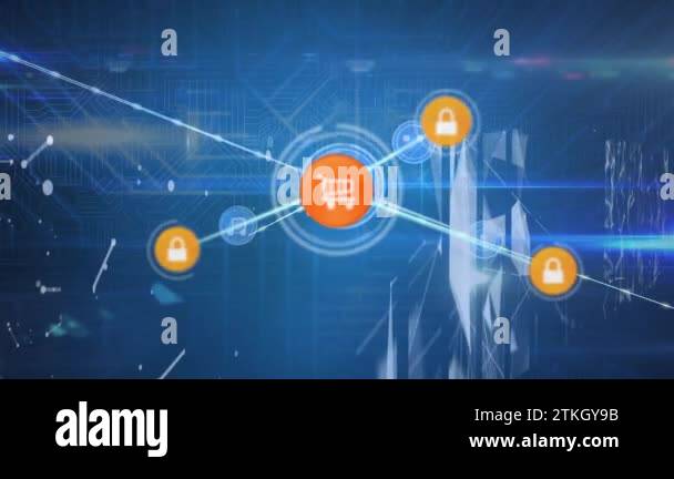 Animation of connected icons, dots forming shapes, lens flares against circuit board pattern ...