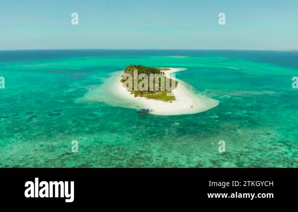 Tropical island Canimeran with sandy beach in the blue sea with coral ...