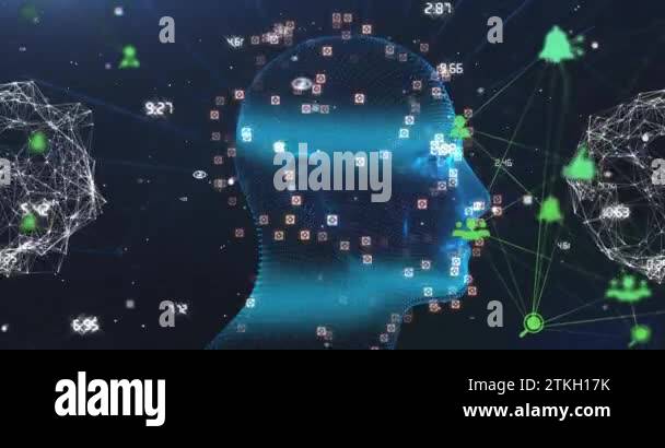 Animation Of Illuminating Human Face With Connected Icons And Dots Over Abstract Background