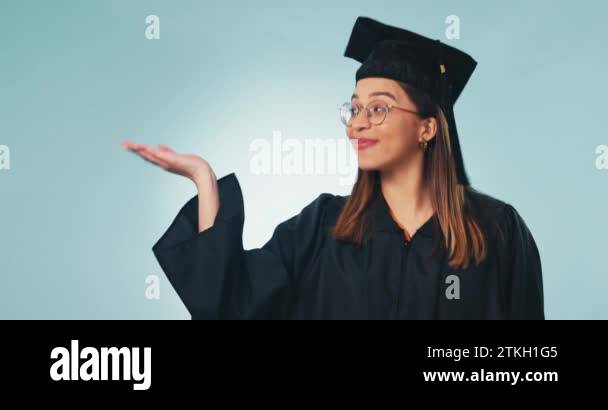 Happy woman, student and graduation with palm and thumbs up for success ...