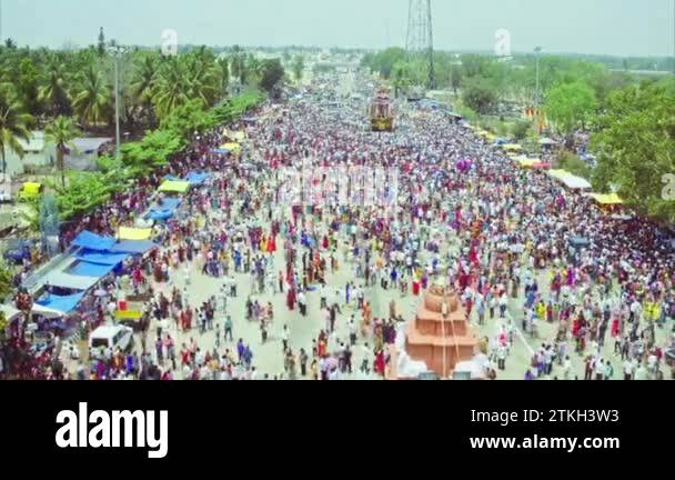 An aerial view of the chariot procession and celebration of a Hindu ...