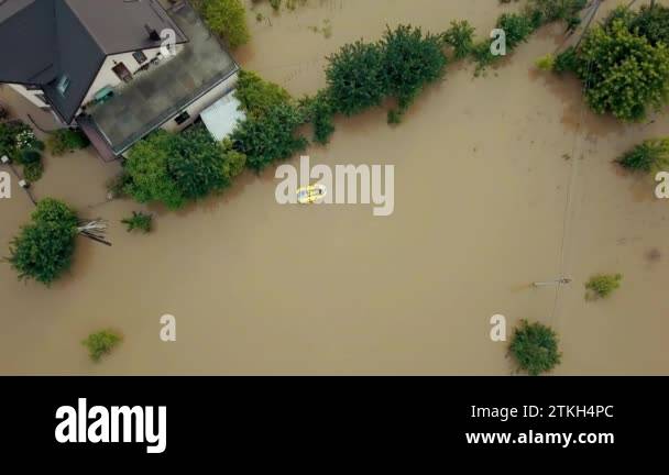 climate change, flood water, heavily damaged. House with water, flooded ...