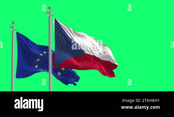Flags of Czech Republic and the European Union waving isolated on a ...