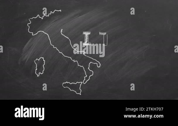 Map of Italy with name and flag inside drawn in chalk on a blackboard ...