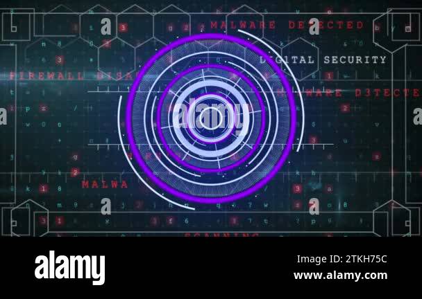 Animation of lines in illuminated circles, hexagon pattern with text, numbers, symbols and ...