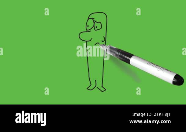 Draw young cartoon character bald man standing assemble both hands and ...