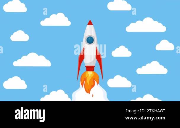 Spaceship flying on blue background with clouds. 4k animation with ...