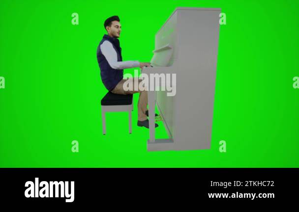 3D animation of a tourist man playing the piano in a chroma key green ...