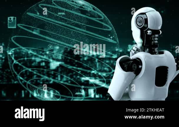 Internet connection controlled by AI robot huminoid and machine learning process to analyze data ...