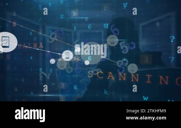 Animation of connected icons over letters, symbols, numbers on rear view of hacker using ...