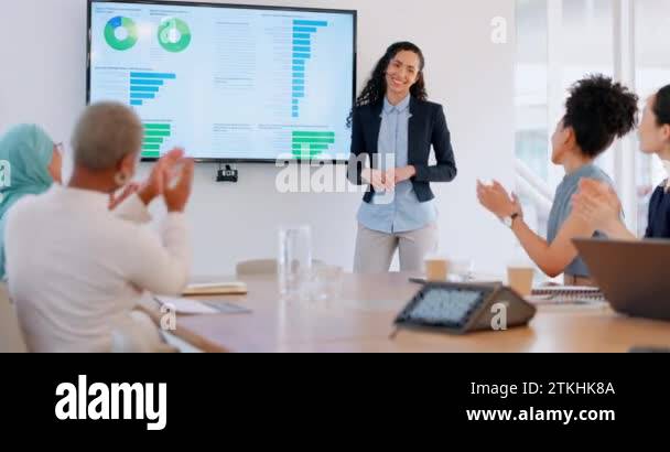 Business woman, presentation success and applause with screen, stats ...