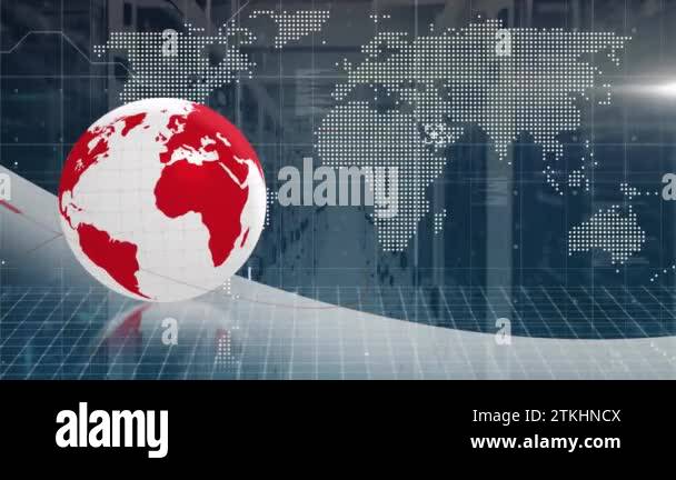 Animation of spinning globe, world map and light spot against computer server room. Global ...