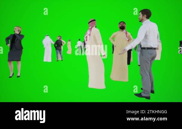 3D animation of an Arab and European party standing talking to each ...