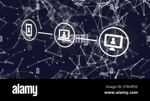 Animation of flowchart of icons and connected dots over black background. Digitally generated ...
