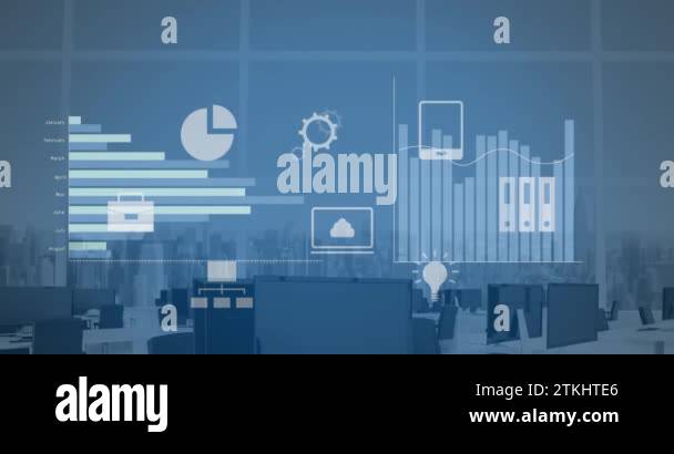 Animation of statistical data processing against empty office. Computer interface and business ...