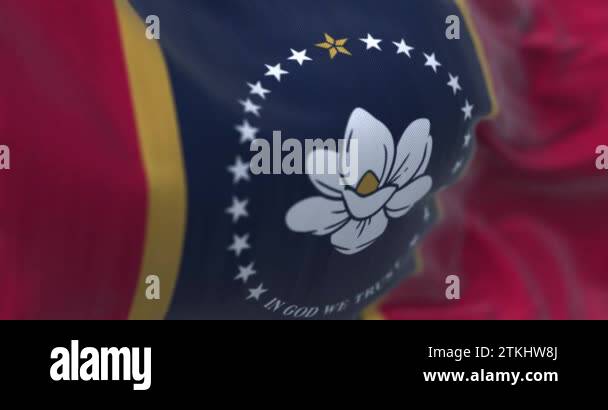 Mississippi flag waving. White magnolia, 21 stars, In God We Trust ...