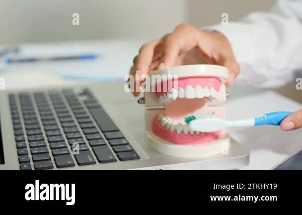 Dentist teaching explaining how to brush teeth correctly to patient ...