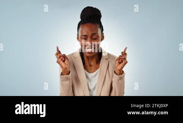 Woman, crossed fingers and wish for good luck, hope and excited to win ...