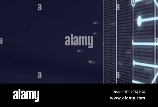 Animation of changing numbers and circuit board pattern on data server racks over black ...
