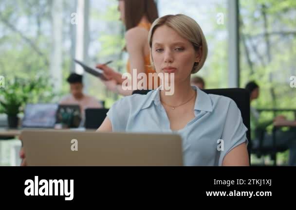 Business lady working laptop sitting office closeup. Calm businesswoman ...
