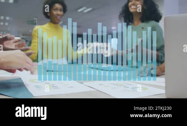 Animation of graph over diverse coworkers sharing ideas and putting ...