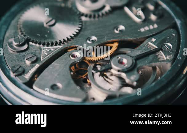 Mechanism of vintage stopwatch close-up. Round clock watch mechanism ...