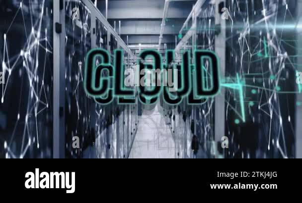 Animation of cloud text in cloud over connected dots on data server ...