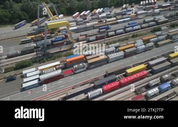 Aerial view of a road-rail transshipment terminal in Italy. The cargo ...