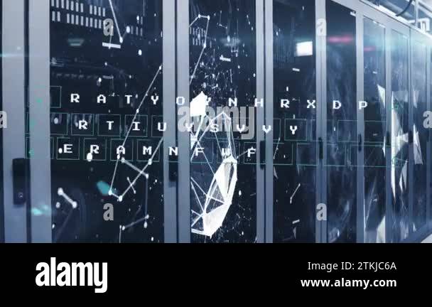 Animation of virtual keyboard, plexus networks and light spot against computer server room ...