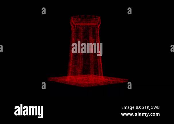 3D medieval tower rotates on black bg. Object dissolved red flickering ...