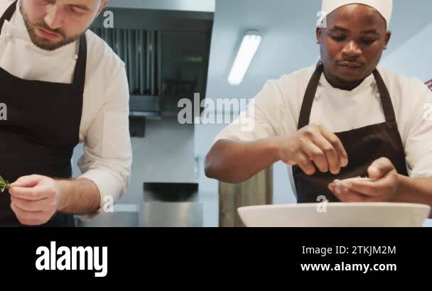 Two diverse male chefs decorating meals in kitchen, slow motion ...