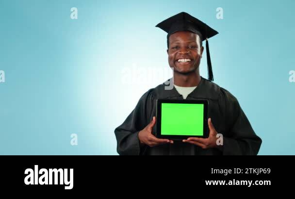 Graduation, tablet green screen and black man point at university ...