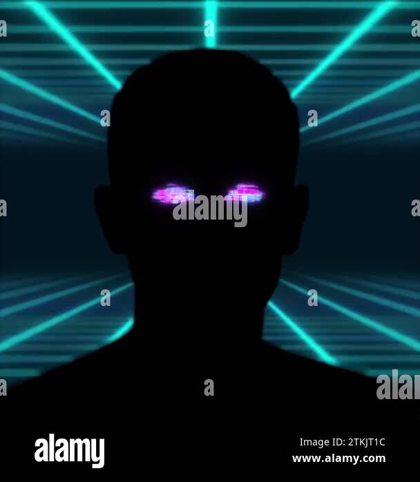 Glitch art. Glitch silhouette of man with noise glitchy eyes on blue ...
