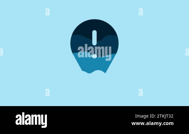 Blue Map pointer with exclamation mark icon isolated on blue background ...