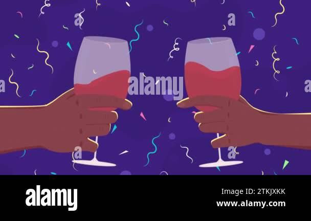 Animated celebratory toast tradition. Clinking glasses. Red wine ...