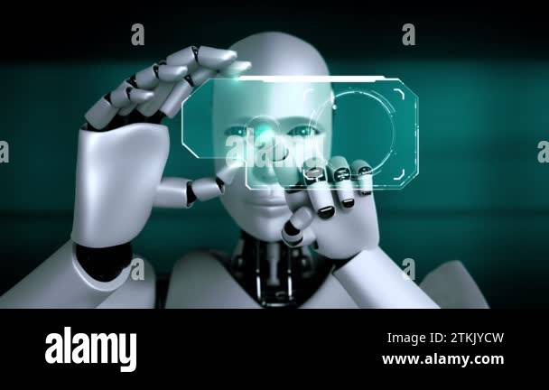 Robot hominoid hold HUD hologram screen in concept of AI thinking brain ...