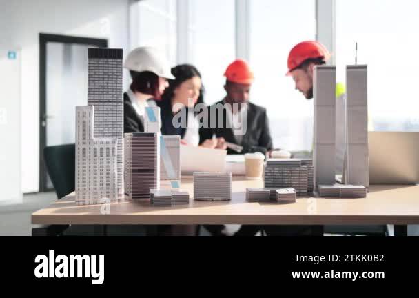 Focus on architecture design of buildings with residential project maquette, group of four ...