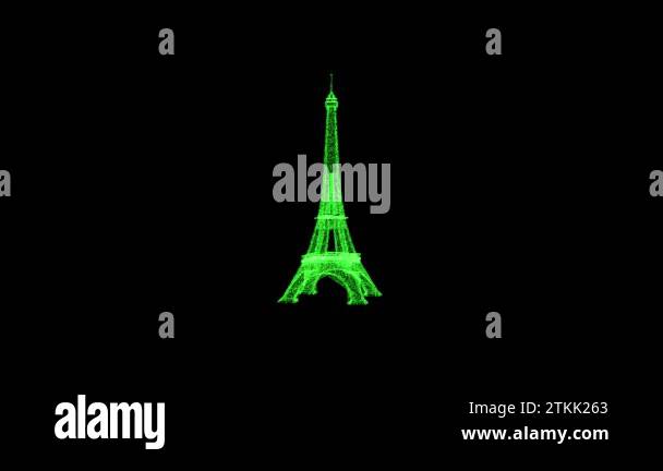3d Eiffel Tower Rotates On Black Background Object Consisting Of Green Flickering Particles 60