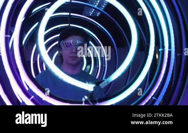 man inside virtual metaverse space wearing googles looking strait, virtual gaming and augmented ...