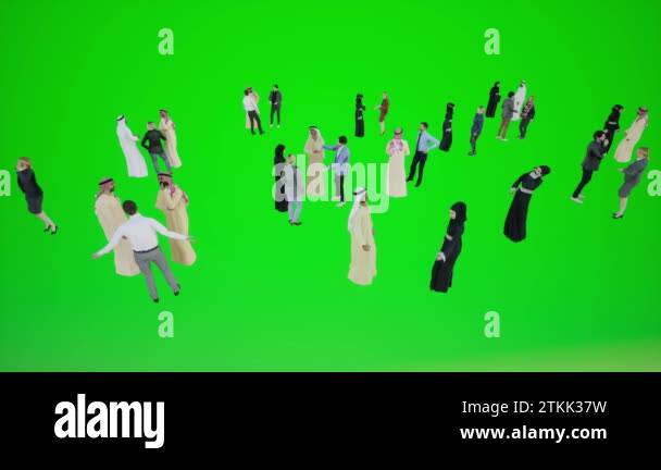 3D animation of Arab and European meeting standing talking to each ...